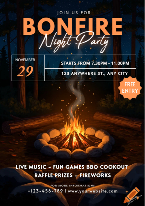 Black Joyful Bonfire Night Party Invitation Ad Flyer A4 Template ...