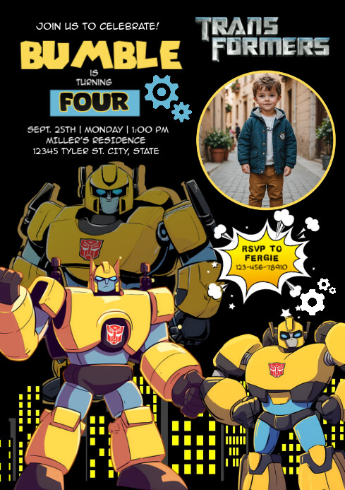 Black Joyful Bumblebee Birthday A4 Template | PosterMyWall