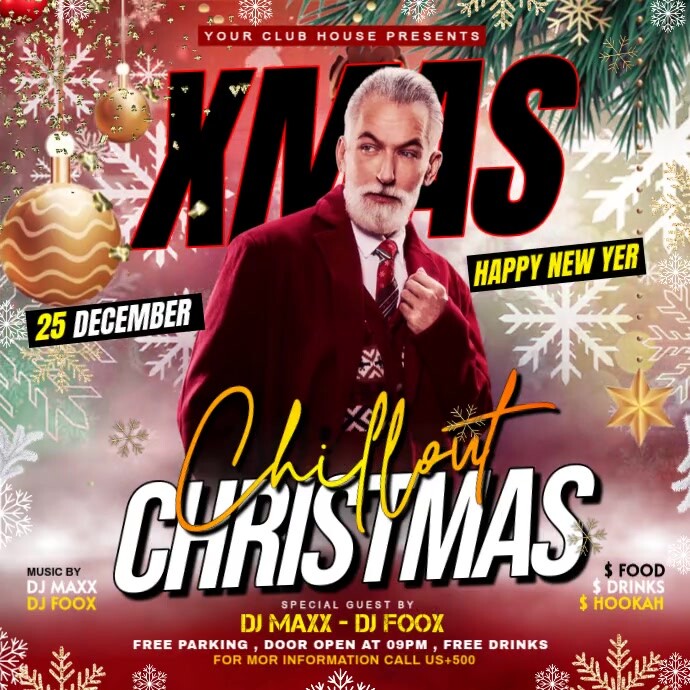 Black Joyful Christmas Chillout Party Flyer Square (1:1) Template ...