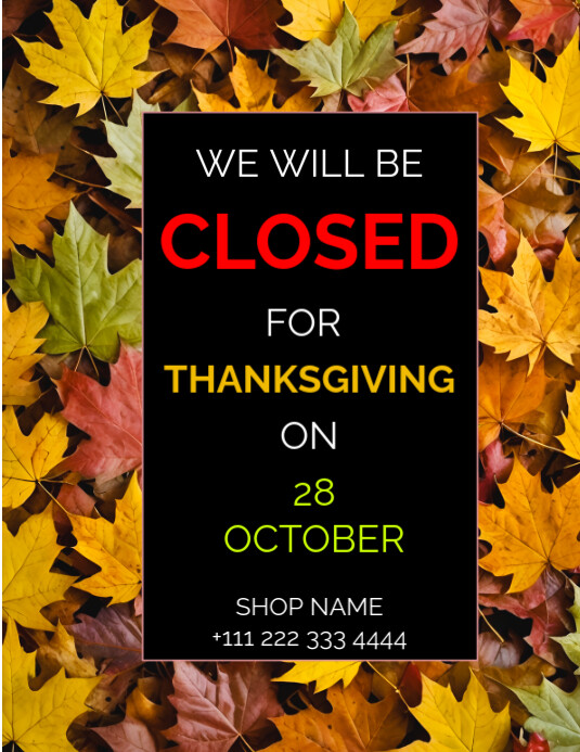 Black Joyful Closed On Thanksgiving Flyer (us Letter) Template ...