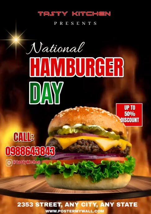 Black Joyful fire National Hamburger Day Desi Template | PosterMyWall