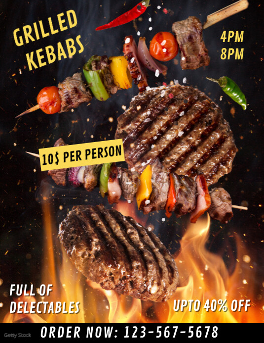 Plantilla de Black Joyful Grilled Kebabs Flyer (us Letter) | PosterMyWall