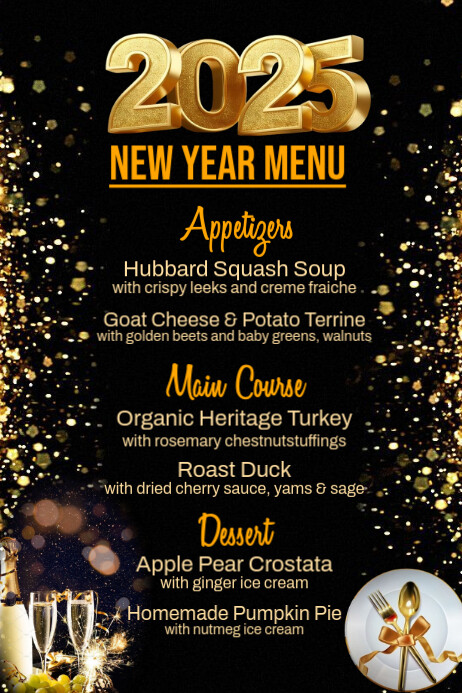 Black Joyful Happy New Year 2025 Menu Design Poster Template | PosterMyWall