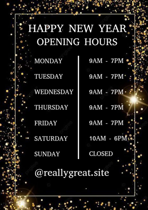 Black Joyful Happy New Year Opening Hours A4 Template | PosterMyWall