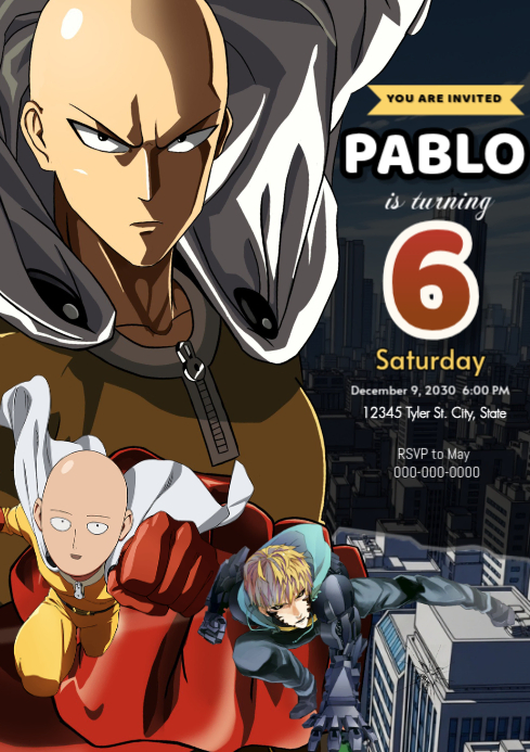 Plantilla de Black Joyful One Punch Man Birthday Invitation A4 ...