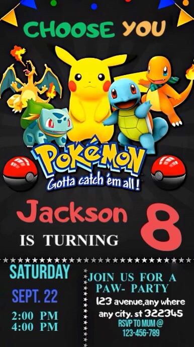 Plantilla de Black Joyful Pokemon Birthday Invitation Digi | PosterMyWall