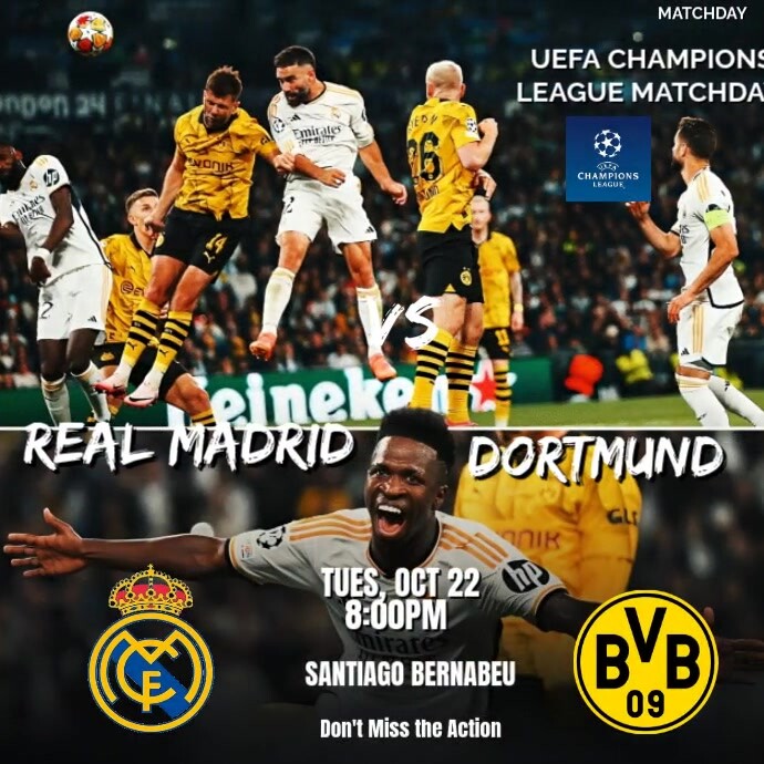 Black Joyful Real Madrid Vs Dortmund Flyer Instagram Post Template ...