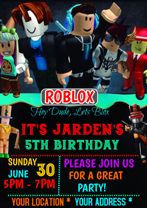 Black Joyful Roblox Birthday Party Invitation Flyer A4 Template ...