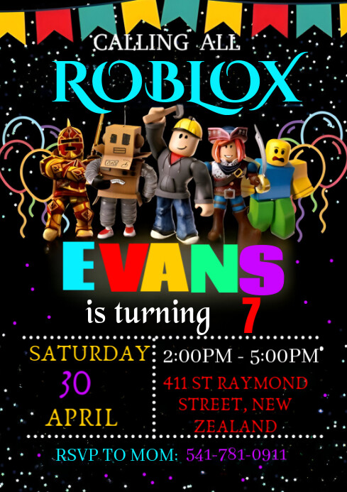 Black Joyful Roblox Birthday Party Invitation Flyer A4 Template ...