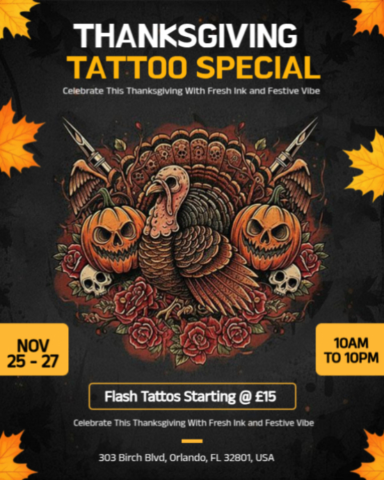 Black Joyful Thanksgiving Tattoo Special Poster - Flash Ink Deals With ...