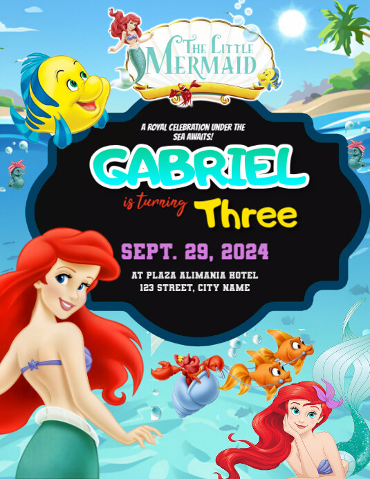 Black Joyful The Little Mermaid Birthday Flyer (us Letter) Template ...