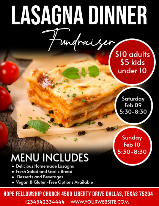 Black Lasagna Dinner Fundraiser Flyer Template | PosterMyWall