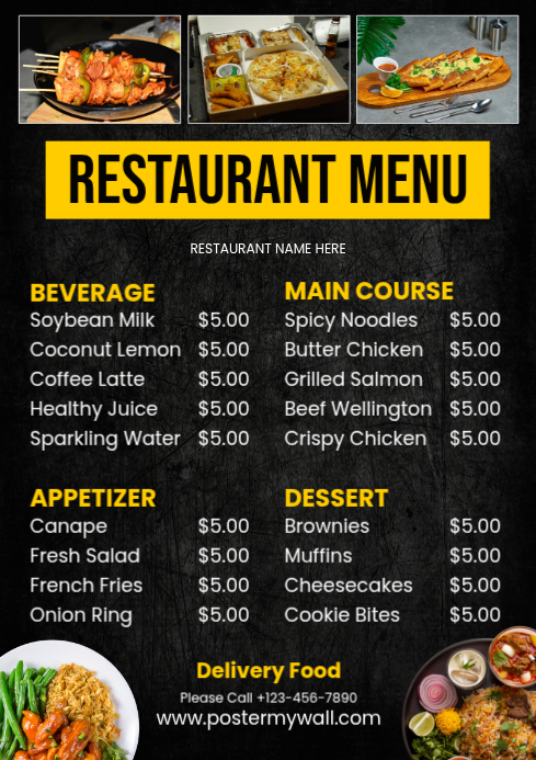 Black Restaurant Menu A4 Template | PosterMyWall