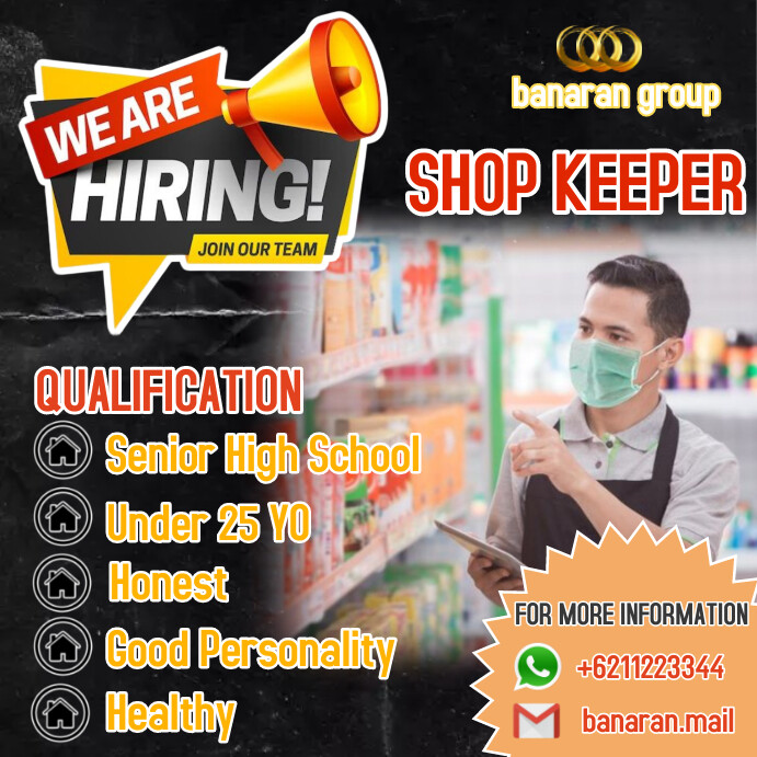 Black Maksimalis Hiring Shop Keeper Pamflet P Template | PosterMyWall