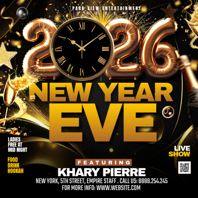Plantilla de Black Maximalist 2026 New Year Eve Party Flyer With Live ...