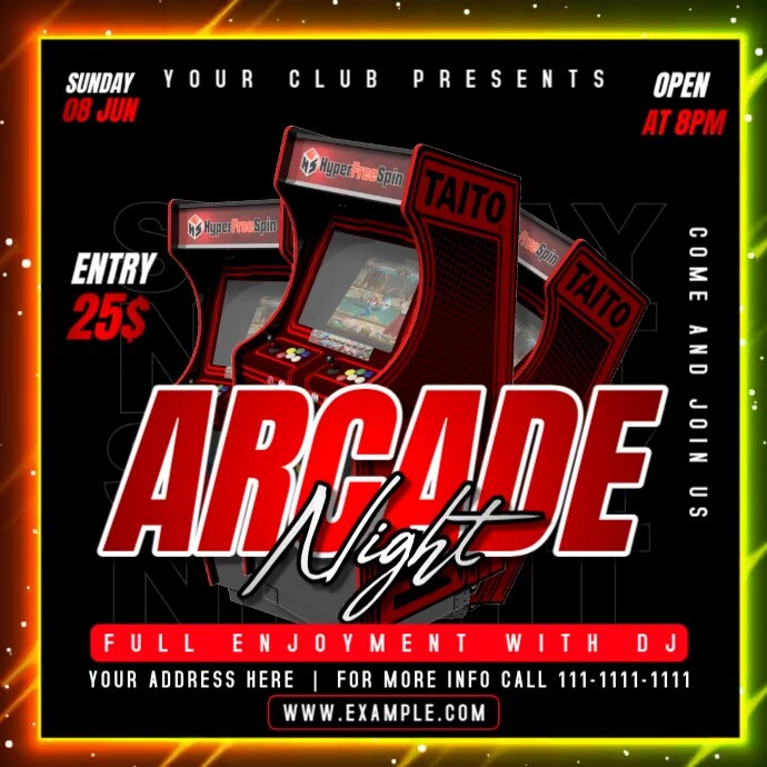 Black Maximalist Arcade Night Instagram Post Template | PosterMyWall