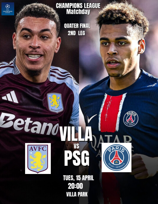 Plantilla de Black Maximalist Aston Villa Vs Psg Ucl Templates Flyer ...