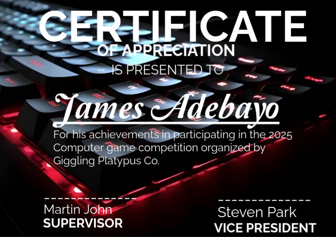 Black Maximalist Computer Game Certificate A4 Template | PosterMyWall