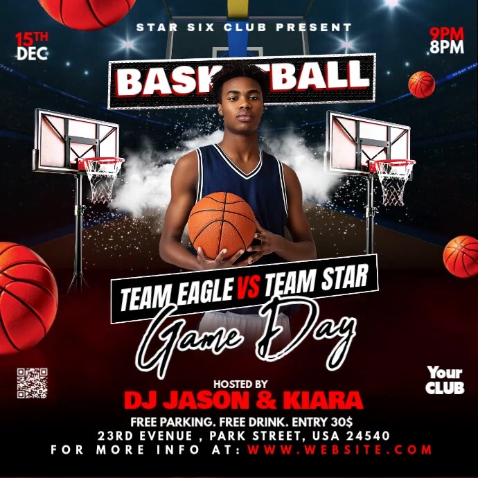 Black Maximalist Editable Basketball Game Day Flyer Square (1:1 ...