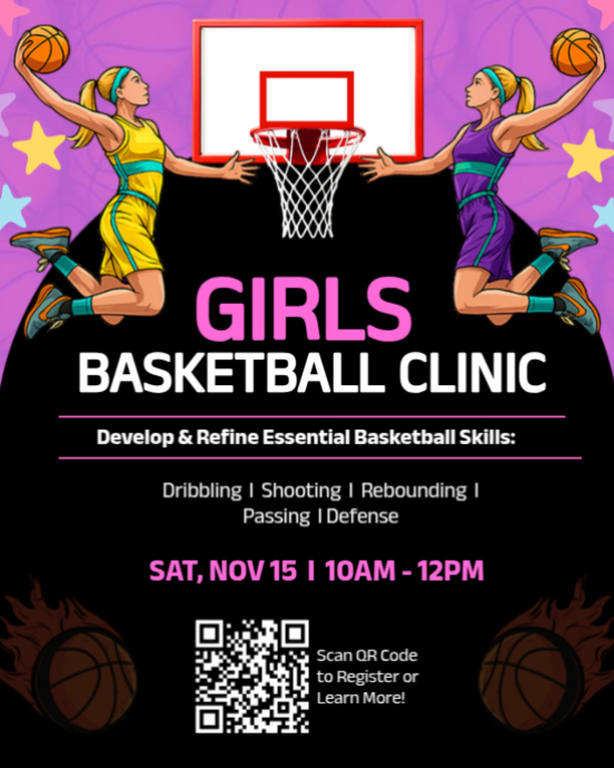 Black Maximalist Editable Girls Basketball Clinic Flyer Template With ...