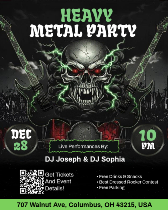 Black Maximalist Epic Heavy Metal Party Flyer Template - Skull ...