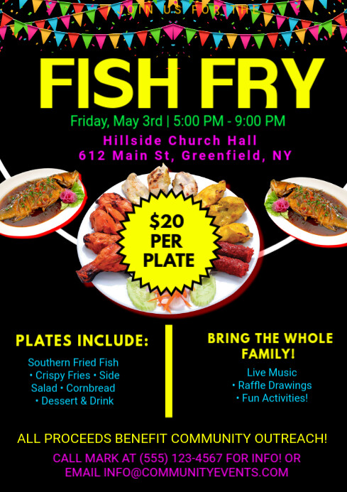 Black Maximalist Fish Fry Flyer A4 Template | PosterMyWall