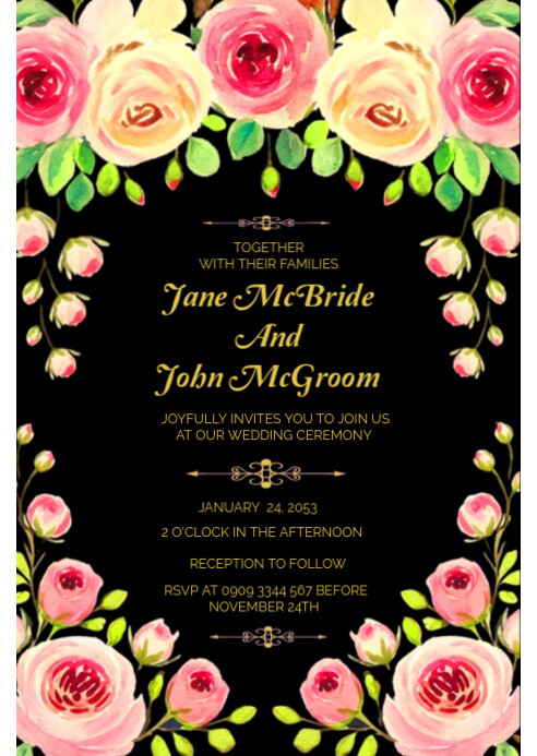 Black Maximalist Floral Wedding Invitation Card A6 Templat | PosterMyWall