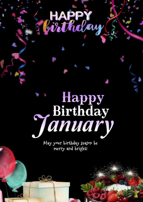 Black Maximalist Happy Birthday January A4 Template | PosterMyWall