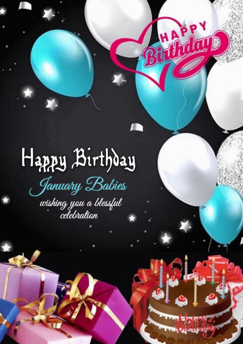 Black Maximalist Happy Birthday January Babies A4 Template | PosterMyWall