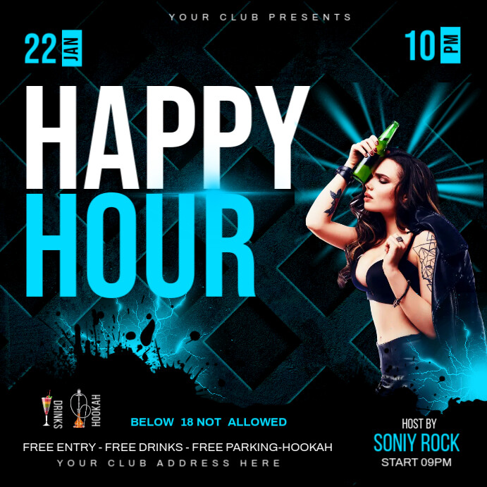 Black Maximalist Happy Hour Ad Instagram Post Template | PosterMyWall