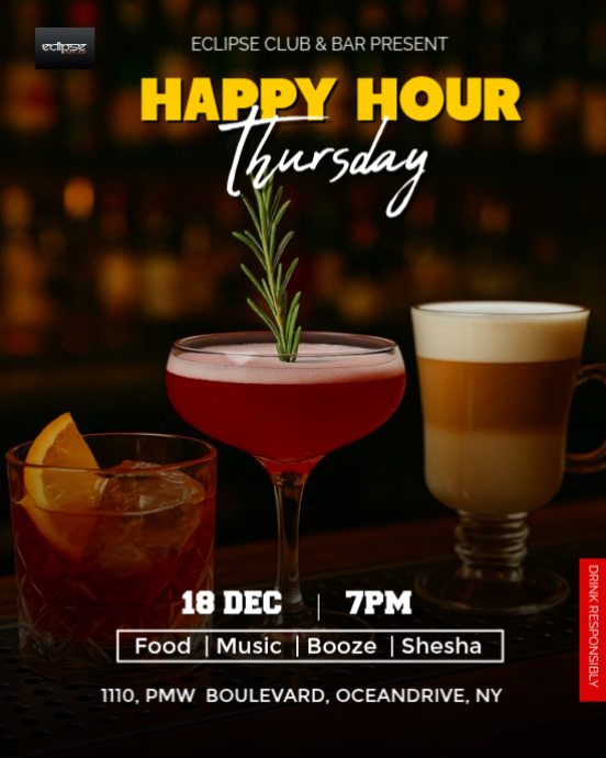 Black Maximalist Happy Hour Cocktail Night Instagram Portrait Template ...