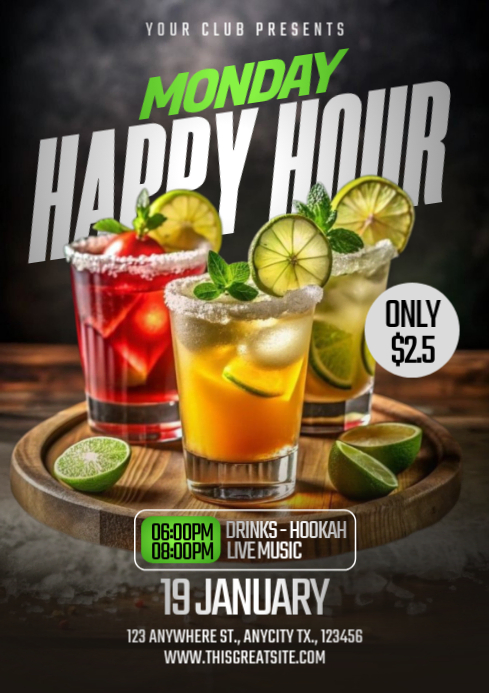 Black Maximalist Happy Hour Monday Party A4 Template | PosterMyWall