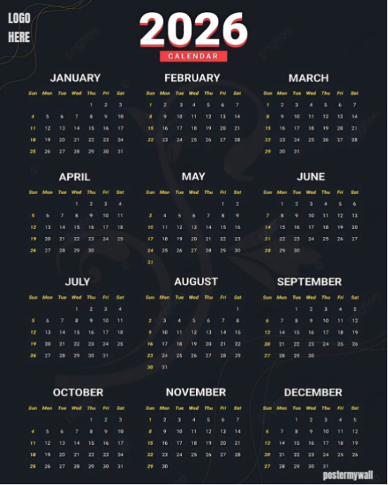 Plantilla de Black Maximalist Modern Black And Gold 2026 Calendar ...