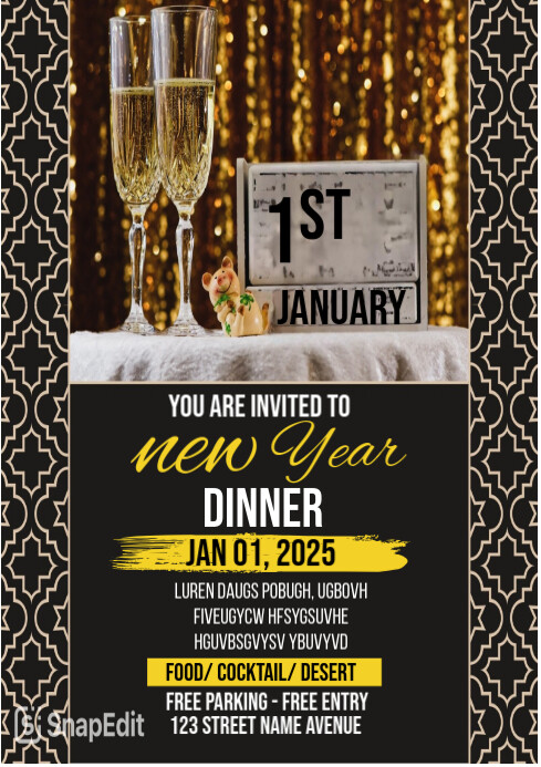Black Maximalist New Year Dinner Invitation Card Design Template A4 ...