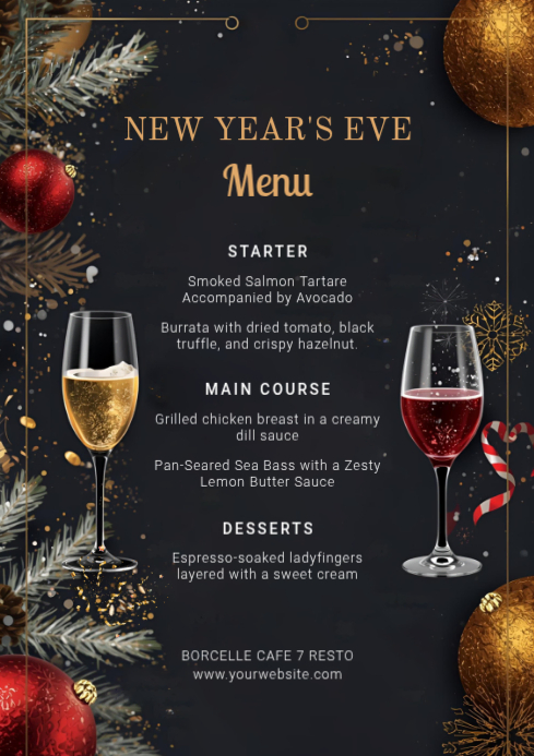 Black Maximalist New Year Menu Card A4 Template | PosterMyWall
