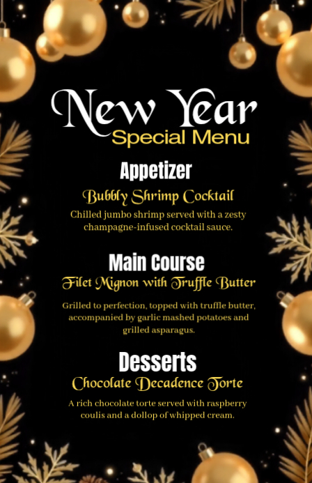 Black Maximalist New Year Menu Tabloid Template | PosterMyWall