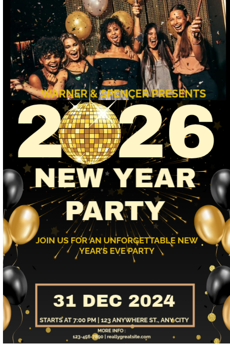 Black Maximalist New Year Party Flyer Design Template 2026 Poster ...
