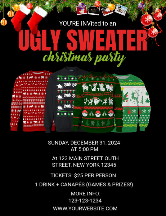 Black Maximalist Ugly Sweater Christmas Party Flyer (us Letter ...