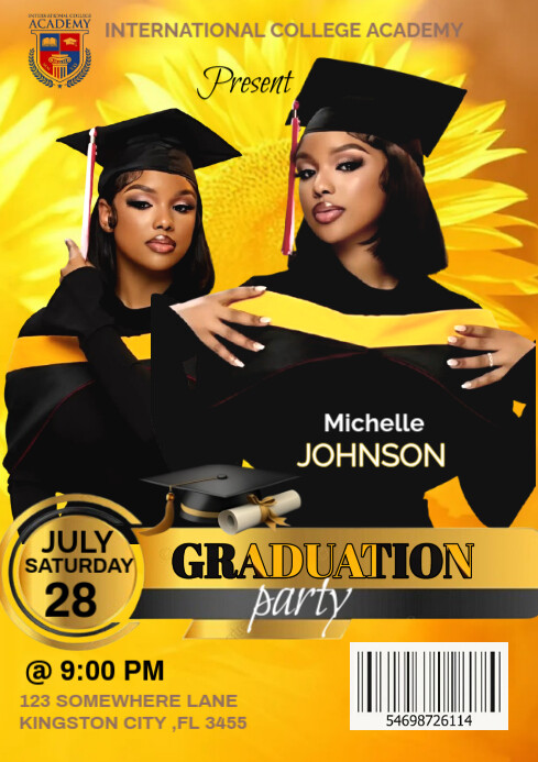 Black Maximalist Yellow Background Graduation Party Flyers A4 Templat ...