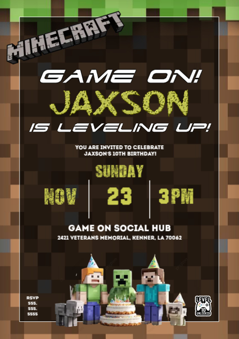 Black Minecraft Level Up Birthday Invitation A5 Template | PosterMyWall