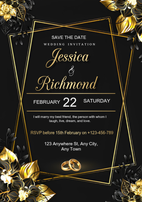 Copy of Black Modern & Minimal Black Gold Wedding Invitation Template ...
