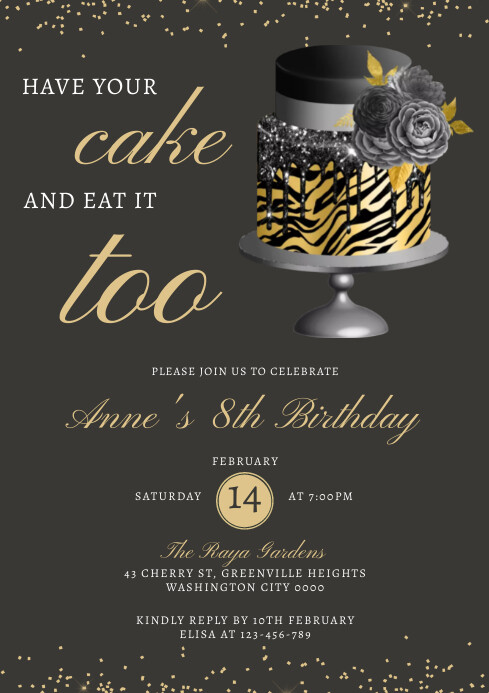 Black Modern & Minimal Cake Birthday Invitati Template | PosterMyWall