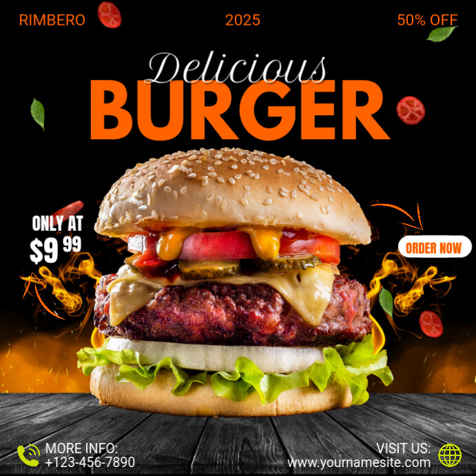 Black Modern & Minimal Delicious Burger Instagram Post Template ...