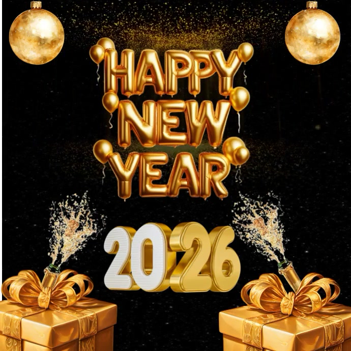 Black Modern & Minimal Gold Clock Luxury Happy New Year 2026 ...