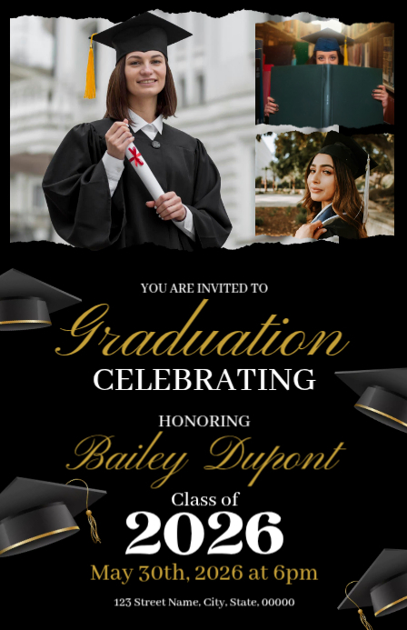 Black Modern & Minimal Graduation Invitation Half Page Wide Template ...