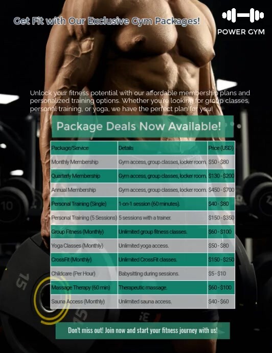 Copy of Black Modern & Minimal Gym Fitness Package Price Flyer (us ...