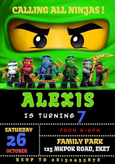 Black Modern & Minimal Lego Ninjago Birthday Invitation Template A4 ...