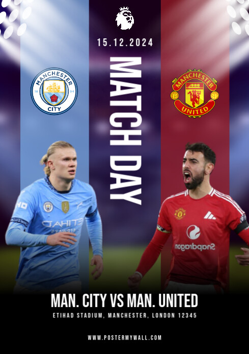 Black Modern & Minimal Manchester City Vs Manchester United Match A4 ...