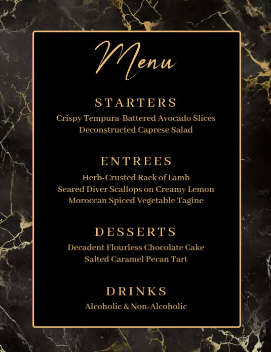 Copy of Black Modern & Minimal Marble Menu Flyer (us Letter) | PosterMyWall