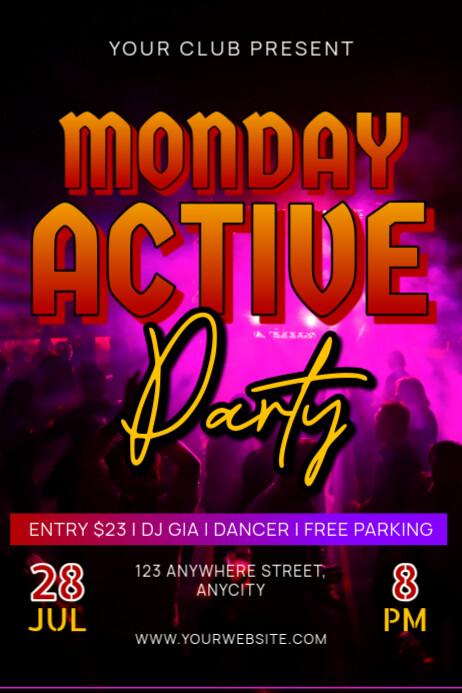 Black Modern & Minimal Monday Active Party Poster Template | PosterMyWall